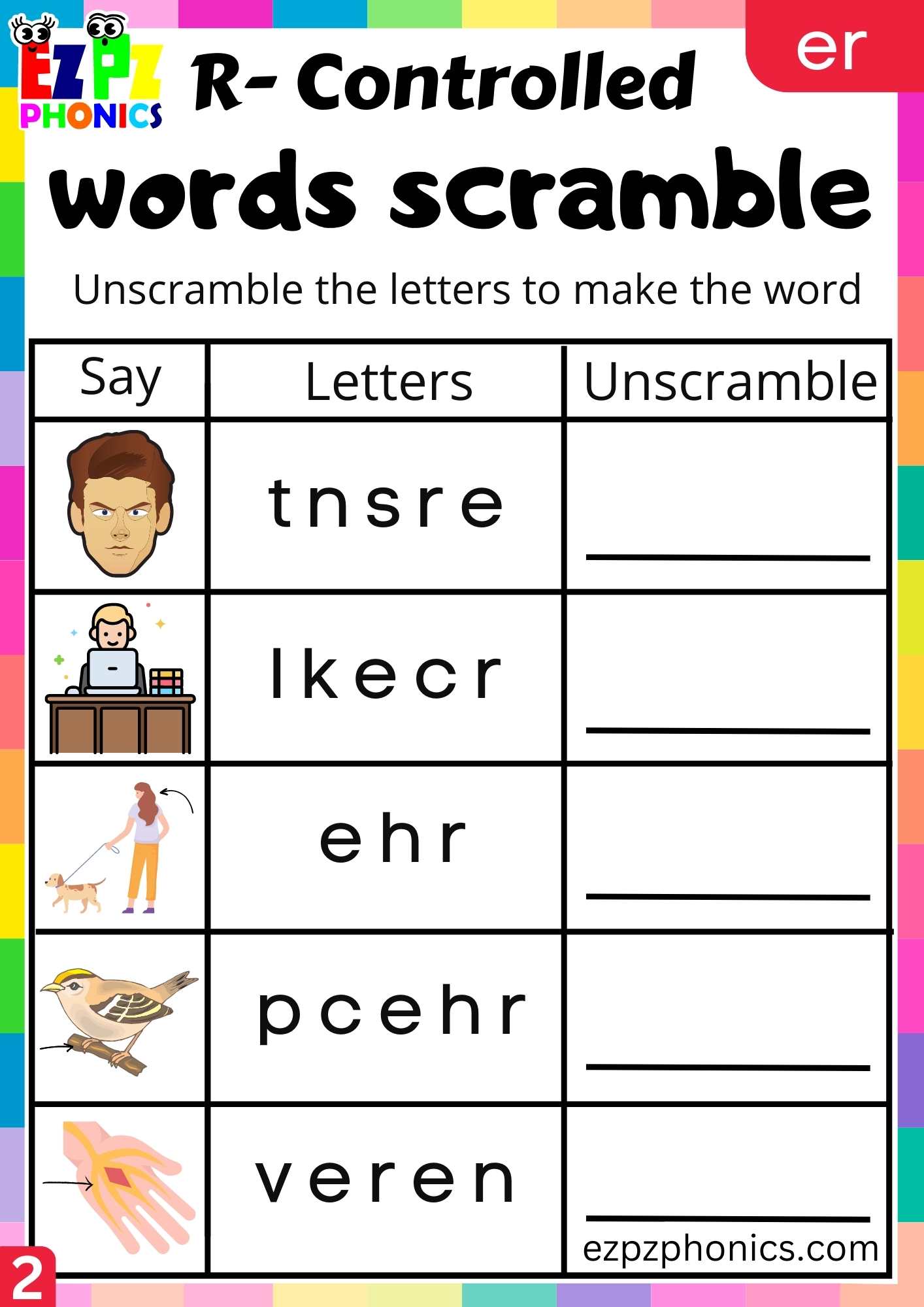 Word scramble activity for er words R controlled vowels phonics group 2 - ezpzphonics.com